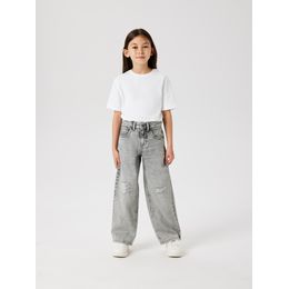name it M&auml;dchen 5-Pocket-Jeans "NKFROSE f&uuml;r M&auml;dchen mit Destroyed-Effekt und hohem Bund", blau, Gr. 146, Abriebeffekte, Denim/Jeans, Obermaterial: