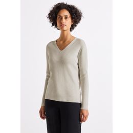 Strickpullover Street One, Damen, Gr. 34, beige (tusk cream meliert), Stoff, 50% Viskose, 28% Polyester, 22% Polyamid, Strukturmuster, normal normal, V-Ausschnitt, Bündchen, Pullover, aus softem Materialmix