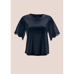 Madeleine Mode MADELEINE Damen Shirtbluse "Blusenshirt Kurzes Blusen-Shirt im Material-Mix", blau, Gr. 42, Obermaterial: 95% Baumwolle CO. 5% Elasthan EL., Blusen