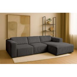 Ecksofa Home Affaire "Noord mit Kedernaht, Breite 281 cm, L-Form", grau (dunkelgrau), B:281cm H:71cm T:161cm, 92% PES, 8% NY, Sofas, Ecksofa, Cord, Struktur, Webstoff, mit Wellenunterfederung, Massivholzrahmen