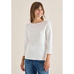 3/4-Arm-Shirt CECIL, Damen, Gr. L (42), vanilleweiß, Web, 100% Baumwolle, unifarben, comfort fit normal, U-Boot-Ausschnitt, abgesteppt, Shirts, mit 3/4 Ärmeln