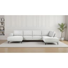 Wohnlandschaft OTTO HOME "XXL Sofa Oland, Struktur, Flachgewebe, Luxus-Microfaser, Boucle", beige (sand), B:345cm H:85cm T:210cm, Struktur weich (100% Polyester);Luxus-Microfaser (100% Polyester);Webstoff (100% Polyester), Sofas, Wohnlandschaft, U-Form, 345 cm, Wellenunterfederung, Skandi-Design, Metallf&uuml;&szlig;e