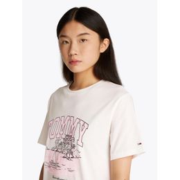 Tommy Jeans Damen T-Shirt "TJW RLX TONAL TROPICS TEE", beige, Gr. XS, bedruckt, Single Jersey, Obermaterial: 100% Baumwolle, Shirts, mit grafischem