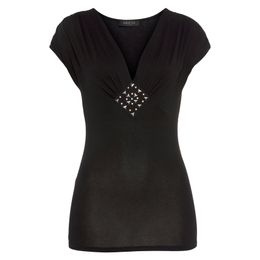 Melrose Damen T-Shirt, schwarz, Gr. 42, unifarben, Jersey, Obermaterial: 95% Viskose, 5% Elasthan, Shirts, sehr figurbetonter Schnitt, tiefer