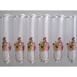 Scheibengardine, B:210cm H:40cm, bunt, Stickereien Plauen, Voile, Polyester, K&uuml;che, Gardinen, "K&uuml;rbis", mit echter Plauener Spitze Stickerei