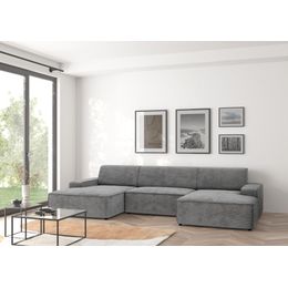 Wohnlandschaft Trendmanufaktur "Graz, wahlweise mit Sitzvorschub und Bettkasten, U-Form, Breite 329 cm", blau (betongrau), B:329cm H:73cm T:162cm, 92% Polyester, 8% Polyamid, Sofas, Wohnlandschaft, in Cord-, haustierfreundlichem LEO Struktur- oder LUMOS-3D-Bezug