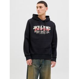 Jack & Jones JACK & JONES Herren Kapuzensweatshirt "JJELOGO SWEAT HOOD 2 COL 25/26 NOOS", schwarz, Gr. M, bedruckt, angeraute Sweatware, Obermaterial: 70%