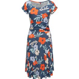 Ragwear Damen Sommerkleid "Yvone Flowers", blau, Gr. XS, 95% Viskose, 5% Elasthan, Kleider, Leichtes Jersey-Kleid mit Tailleng&uuml;rtel