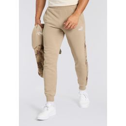 Trainingshose Puma "ESS CAMO SWEATPANTS FL CL", Herren, Gr. S, N-Gr, ice coffee, Fleece, Obermaterial: 66% Baumwolle, 34% Polyester, tarnfarben, regular fit normal, Hosen