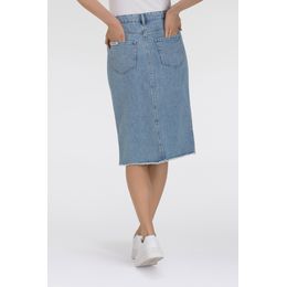 MAC Damen Midirock "MIDI SKIRT fringe", blau, Gr. XL, unifarben, Denim/Jeans, Obermaterial: 99% Baumwolle, 1% Elasthan, R&ouml;cke, im Five-Pocket Style