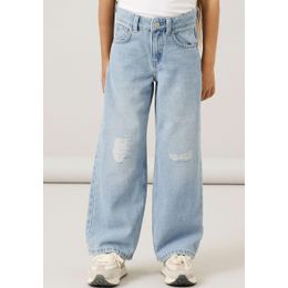 name it M&auml;dchen 5-Pocket-Jeans "NKFROSE f&uuml;r M&auml;dchen mit Destroyed-Effekt und hohem Bund", blau, Gr. 134, Destroyed-Effekte, Denim/Jeans,