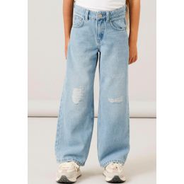 name it M&auml;dchen 5-Pocket-Jeans "NKFROSE f&uuml;r M&auml;dchen mit Destroyed-Effekt und hohem Bund", blau, Gr. 122, Destroyed-Effekte, Denim/Jeans,