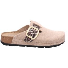 Rohde Damen Pantoffel "SOAVE", Gr. 40beige, Filz, animal-print, Schuhe, Hausschuh, Schlappen, Clog, Homeslipper mit Plateausohle