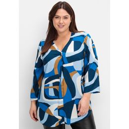 sheego Damen Longbluse, blau, Gr. 46, bedruckt, gemustert, mehrfarbig, 100% Viskose, Blusen