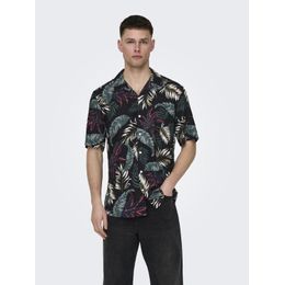 Only & Sons ONLY & SONS Herren Hawaiihemd "ONSWAYNE LIFE AOP SS VISCOSE SHIRT NOOS", schwarz, Gr. S, gemustert, Web, Obermaterial: 100% Viskose, Hemden