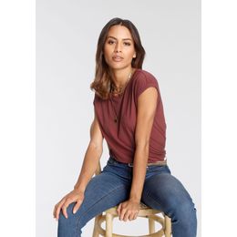 Tamaris Damen T-Shirt, rot, Basic, Gr. 42, Single Jersey, Obermaterial: 95% Viskose, 5% Elasthan, Shirts, mit Rundhalsausschnitt und &uuml;berschnittenen