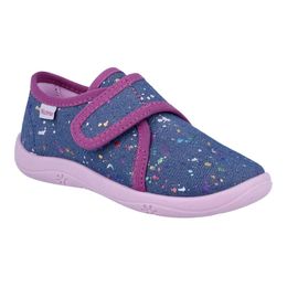 Richter M&auml;dchen Hausschuh "Mia WMS: Mittel", Gr. 33, blau, Baumwolle, kontrastfarbene Details, Schuhe, Kindergartenschuhe mit WMS, Gr&ouml;&szlig;enschablone