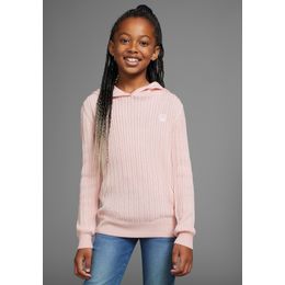 DELMAO M&auml;dchen Strickpullover "Zopf-Strickpullover aus Feinstrick mit Kapuze", rosa, Gr. 128, Zopfmuster, Strick, Obermaterial: 50% Baumwolle, 50%