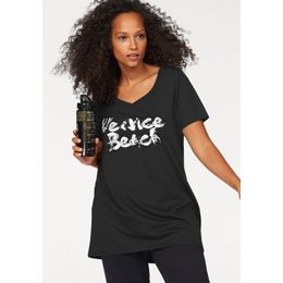 Venice Beach Damen Longshirt, schwarz, Gr. 48, bedruckt, Obermaterial: 60% Baumwolle, 40% Polyester, Shirts, Langarm, lockere Passform, mit