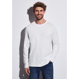 Langarmshirt Street One MEN, Herren, Gr. L (42), hellwei&szlig;, Web, 100% Baumwolle, unifarben, normal normal, Rundhals, abgesteppt, Shirts Langarmshirt, aus reiner Baumwolle