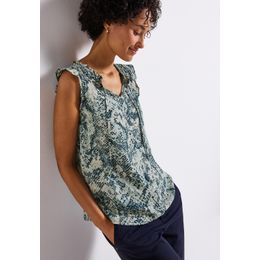 Street One Damen Blusentop, blau, Gr. 44, bedruckt, Web, Obermaterial: 100% Viskose, Blusen, Print mit Rüschen