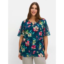 sheego Damen Longbluse, gr&uuml;n, Gr. 52, gebl&uuml;mt, gemustert, 95% Viskose, 5% Elasthan, Blusen