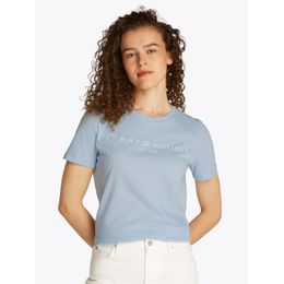 Tommy Hilfiger Damen Kurzarmshirt "REG CORP LOGO C-NK mit Logoschriftzug und Stickerei", blau, Gr. S, bedruckt, unifarben, Jersey, Obermaterial: 100%