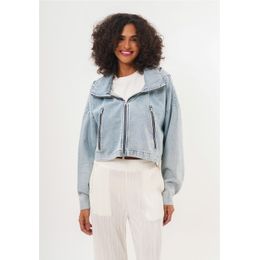 FRESHLIONS Damen Jeansjacke "Juliana", blau, Gr. L, unifarben, 100% Baumwolle, Jacken, im kuscheligen Design mit Kapuze