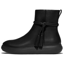 fitflop Damen Plateaustiefelette "iQ-COMFF TASSEL", Gr. 37, schwarz, Leder, Lederimitat, unifarben, Schuhe, Boots, Chunky Boot mit Plateausohle
