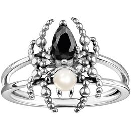 Thomas Sabo Damen Fingerring "Spider Romance, Spinnen-Optik", 56, Perlen Silber 925 (recycelt), 2mm, schwarz-weiß, Perlen, Silber 925 (recycelt),