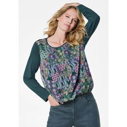 GOLDNER Damen Kurzarmbluse "Kurzgr&ouml;&szlig;e Langarm Chiffonbluse mit Patch-Druck", gr&uuml;n, Gr. 19, Obermaterial: 95% Viskose CV. 5% Elasthan EL., Blusen,