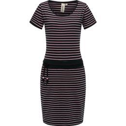 Ragwear Damen Sommerkleid "Baomi", schwarz, Gr. XL, 100% Baumwolle, Kleider, gestreiftes Damen Minikleid mit Taillenkordel und Taschen