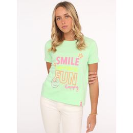 Zwillingsherz Damen T-Shirt ""Smile Happiness Fun"", gr&uuml;n, Gr. SM, unifarben mit Farbeinsatz, Single Jersey, Obermaterial: 92% Baumwolle, 8%