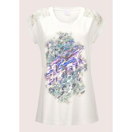 Madeleine Mode MADELEINE Damen Kurzarmshirt "Shirt &Auml;rmelloses Rundhals-Shirt mit Spitze"wollwei&szlig;, hellsalbeigr&uuml;n, multicolor, Gr. 36, Obermaterial: 95% Viskose CV.