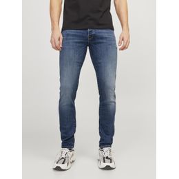 Jack & Jones JACK & JONES Herren Slim-fit-Jeans "JJIGLENN – Jeans mit Stretch, niedriger Leibhöhe und Taschen", blau, Gr. 28, Abriebeffekte, Denim/Jeans,
