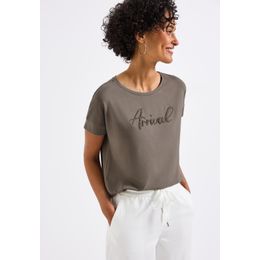 Street One Damen Shirttop, beige, Gr. 34, bestickt, Jersey, Obermaterial: 47% Baumwolle, 47% Modal, 6% Elasthan, Tops, mit Wording-Stickerei