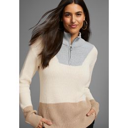 Laura Scott Damen Troyer, beige, Gr. 44, mehrfarbig, Grobstrick, Obermaterial: 60% Baumwolle, 40% Polyacryl, Pullover, mit kontrastfarbenen Details
