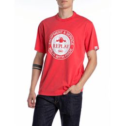 Replay Damen T-Shirt, rot, Gr. L, bedruckt, Jersey, Obermaterial: 100% Baumwolle, Shirts, mit rundem Aufdruck vorn
