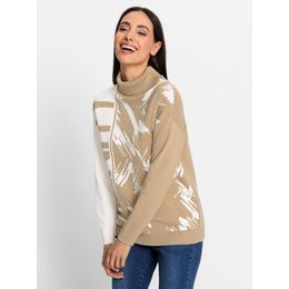 Heine Damen Jacquardpullover "Rollkragenpullover", beige, Gr. 34, gemustert, mehrfarbig, 80% Viskose, 20% Polyamid, Pullover
