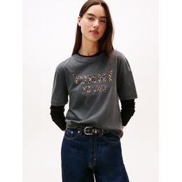 Tommy Jeans Damen Kurzarmshirt "TJW BXY LEOPARD VARSITY TEE", schwarz, Gr. S, bedruckt, Single Jersey, Obermaterial: 100% Baumwolle, Shirts