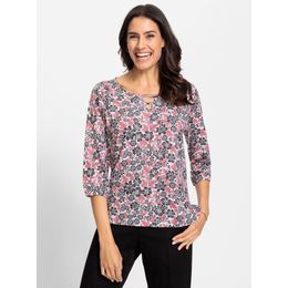 Print-Shirt Inspirationen "Druck-Shirt", Damen, Gr. 38, rosa (weiß, flamingo, bedruckt), 50% Baumwolle, 50% Modal, bedruckt, geblümt, gemustert, mehrfarbig, Rundhals, Shirts