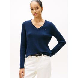 Tommy Hilfiger Damen Strickpullover "SOFT WOOL V-NK SWEATER", blau, Gr. M, unifarben, Strick, Obermaterial: 100% Wolle, Pullover, aus reiner Wolle