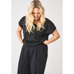 Only CARMAKOMA Damen Kurzarmshirt "CARSILVERY S/S V NECK LUREX TOP JRS NOOS", schwarz, Gr. S, unifarben, Jersey, Obermaterial: 60% Polyester, 24%