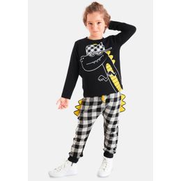 DENOKIDS Jungen Hausanzug "Plaid Dino", Gr. 122, schwarz, 92% Baumwolle;8% Elasthan, bedruckt, Basic, Homewear-Sets, mit Dinosaurieraufdruck