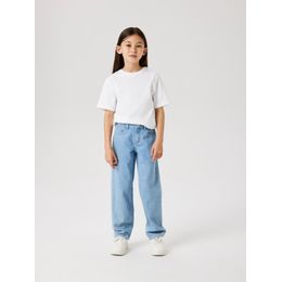 name it M&auml;dchen Straight-Jeans "NKFROSE STRAIGHT JEANS 3366-BE NOOS", blau, Gr. 122, bedruckt, leichte Abriebeffekte, Denim/Jeans, Obermaterial: 100%