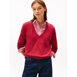 Tommy Jeans Damen V-Ausschnitt-Pullover "TJW ESSENTIAL VNECK SWEATER EXT", rot, Gr. M, unifarben, Strick, Obermaterial: 100% Baumwolle, Pullover, mit