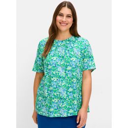 sheego Damen Longbluse, gr&uuml;n, Gr. 56, gebl&uuml;mt, gemustert, 100% Viskose, Blusen