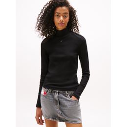Tommy Jeans Damen Langarmshirt "TJW ESSENTIAL MOCK NECK", schwarz, Basic, Gr. XS, unifarben, Single Jersey, Obermaterial: 95% Baumwolle, 5% Elasthan,