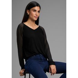 Bruno Banani Damen V-Shirt, schwarz, Gr. 48, Mesh, gestreift, unifarben, Jersey, Obermaterial: 95% Viskose, 5% Elasthan. Netzmaterial: 95% Polyester,