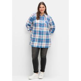 sheego Damen Longbluse, weiß, Gr. 42, gemustert, kariert, mehrfarbig, 100% Baumwolle, Blusen